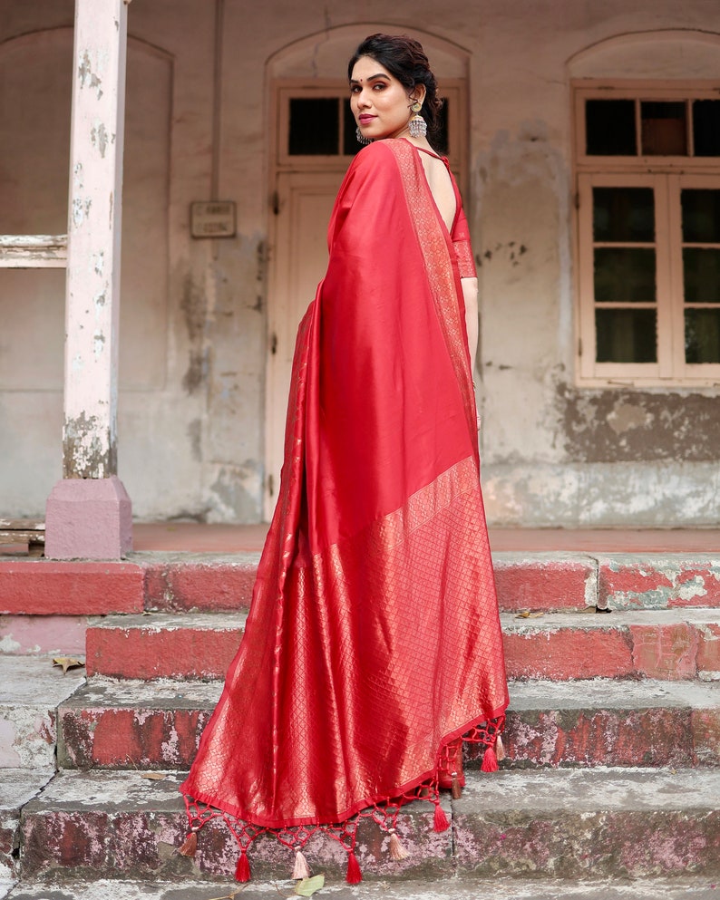 Red Color Saree With Copper Zari Work Blouse Semi Silk Premium Fabric ...