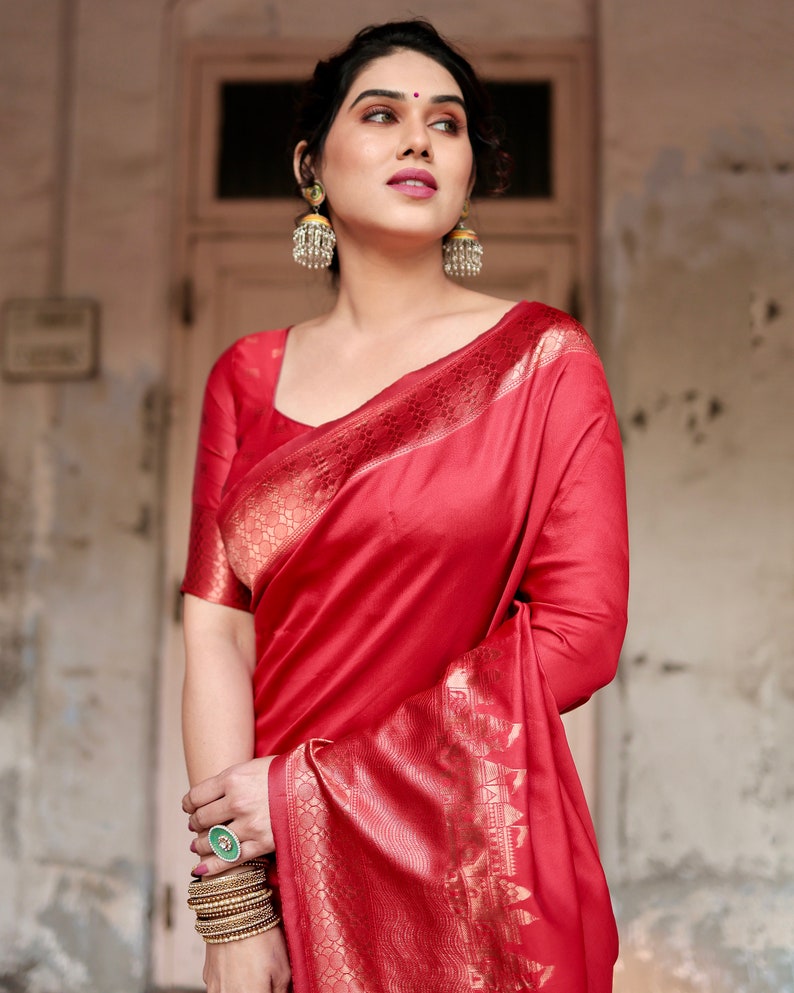 Red Color Saree With Copper Zari Work Blouse Semi Silk Premium Fabric ...