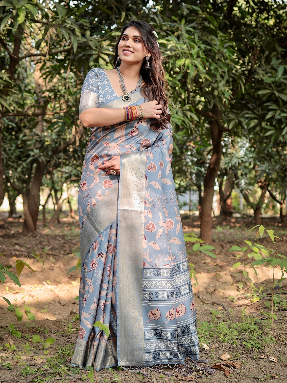 Grey Color Saree With Digital Print Work Semi Silk Saree for Women With ...