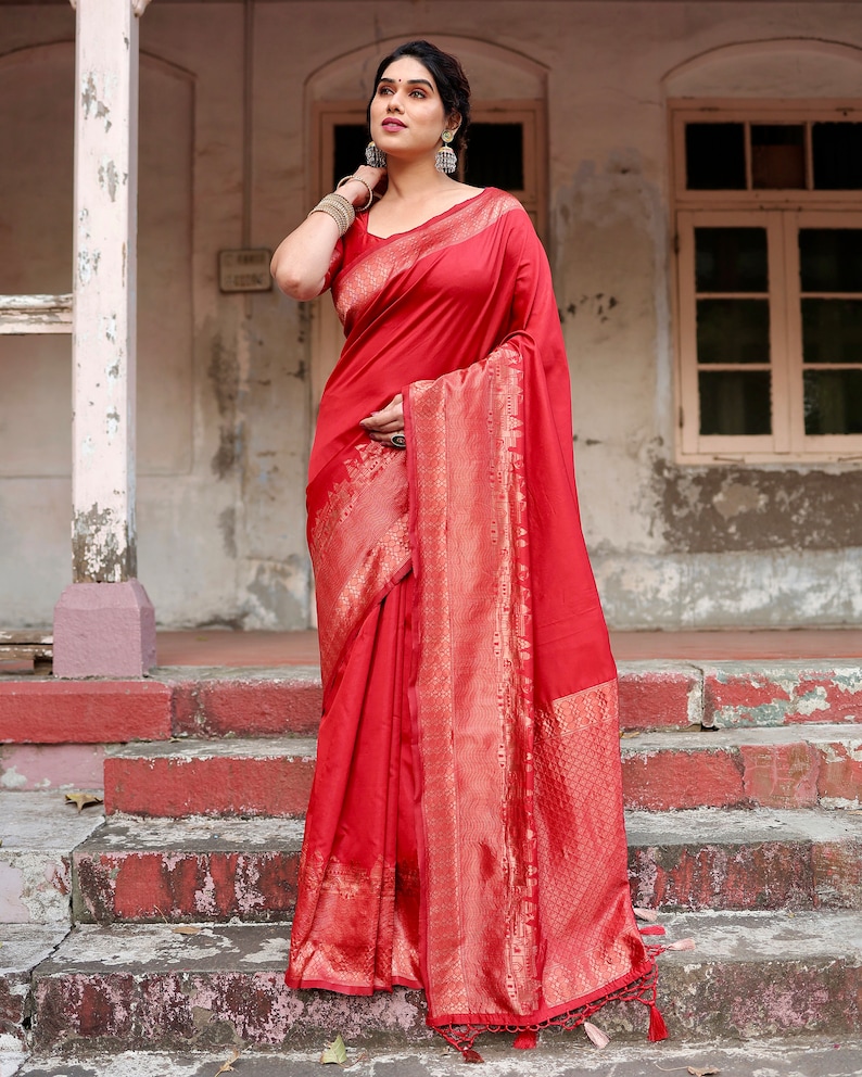 Red Color Saree With Copper Zari Work Blouse Semi Silk Premium Fabric ...