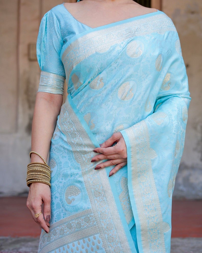 Sky Blue Color Saree With Zari Work Semi Silk Saree for Women With ...