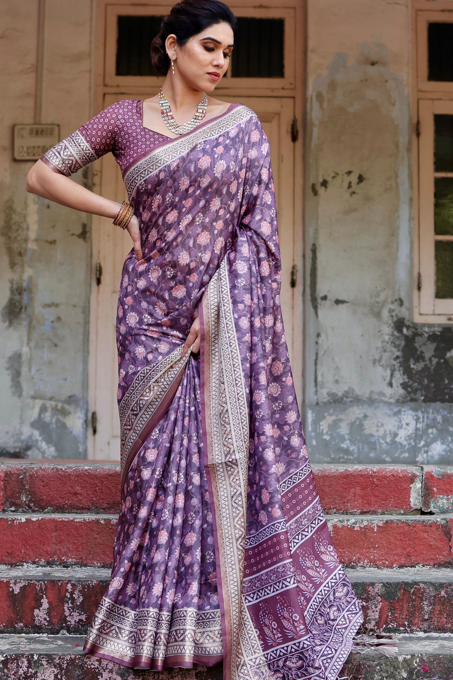 Light Lavender Color Saree With Digital Print Semi Silk Saree for Women ...