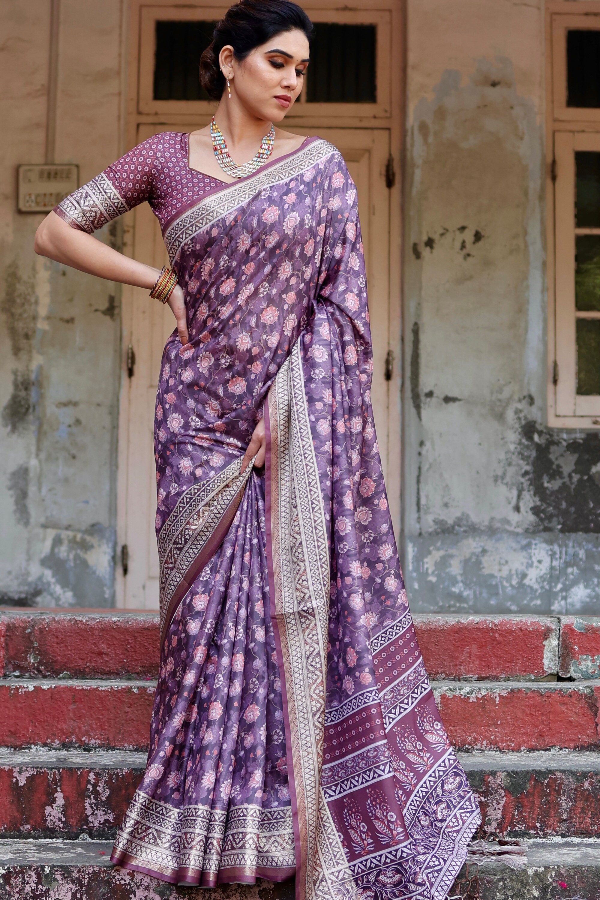 Light Lavender Color Saree With Digital Print Semi Silk Saree for Women ...