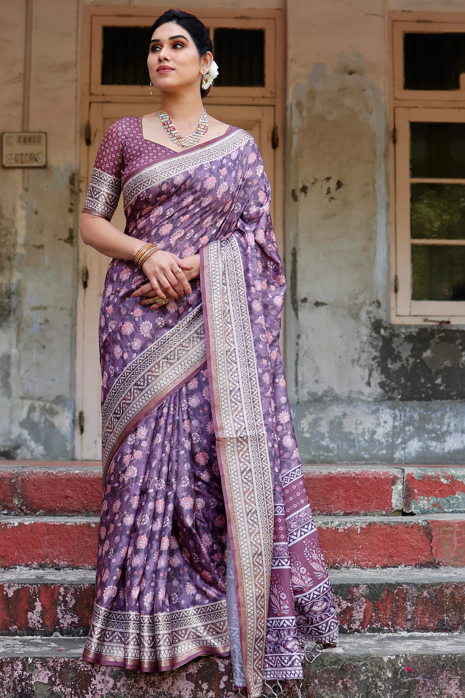 Light Lavender Color Saree With Digital Print Semi Silk Saree for Women ...