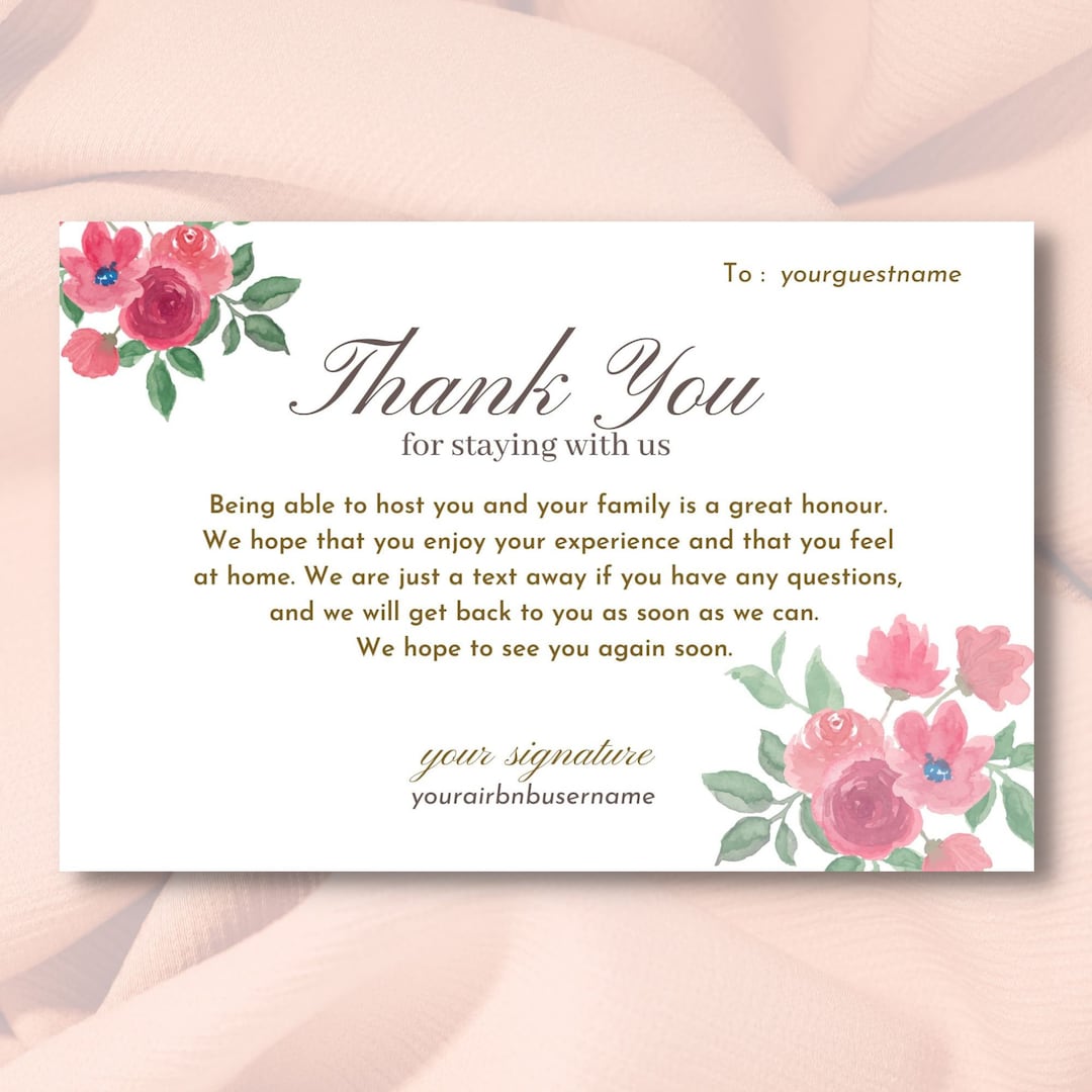 Airbnb Thank You Card, Pink Flower House Rules Suitable for VRBO as a ...