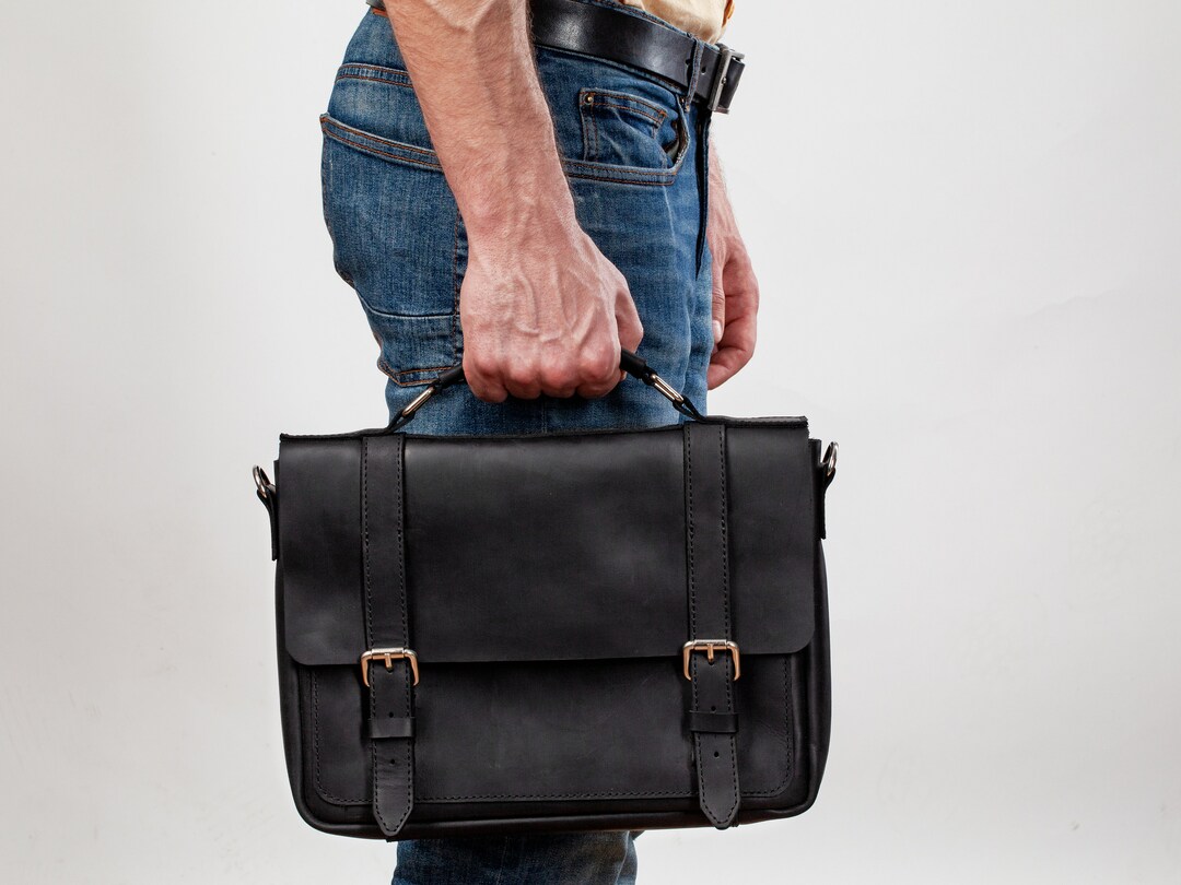 Black Leather Work Briefcase for Men, Laptop Briefcase Bag, Business ...