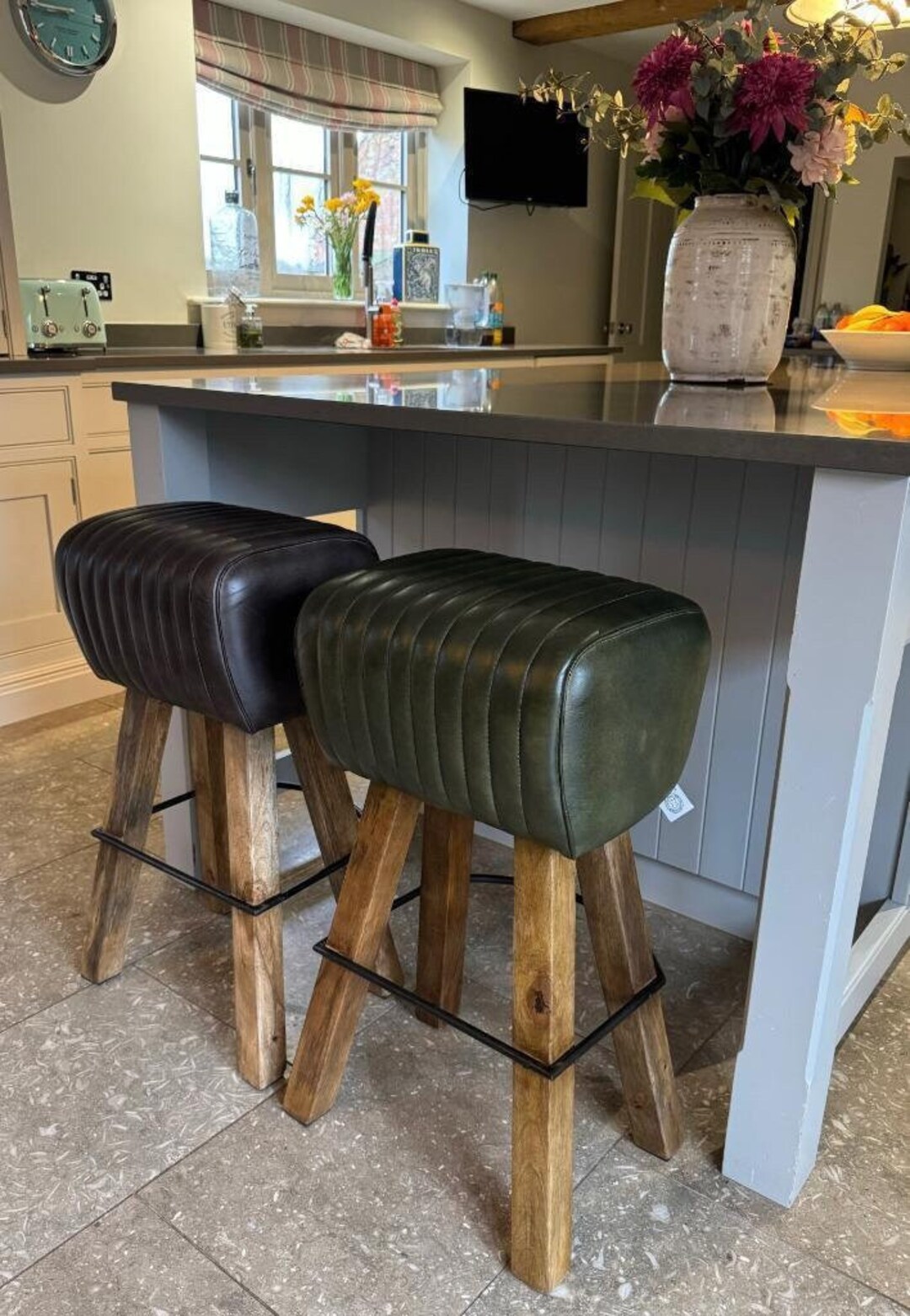 Leather Breakfast Bar Kitchen Counter Stool - Wood Legs Pommel Horse ...