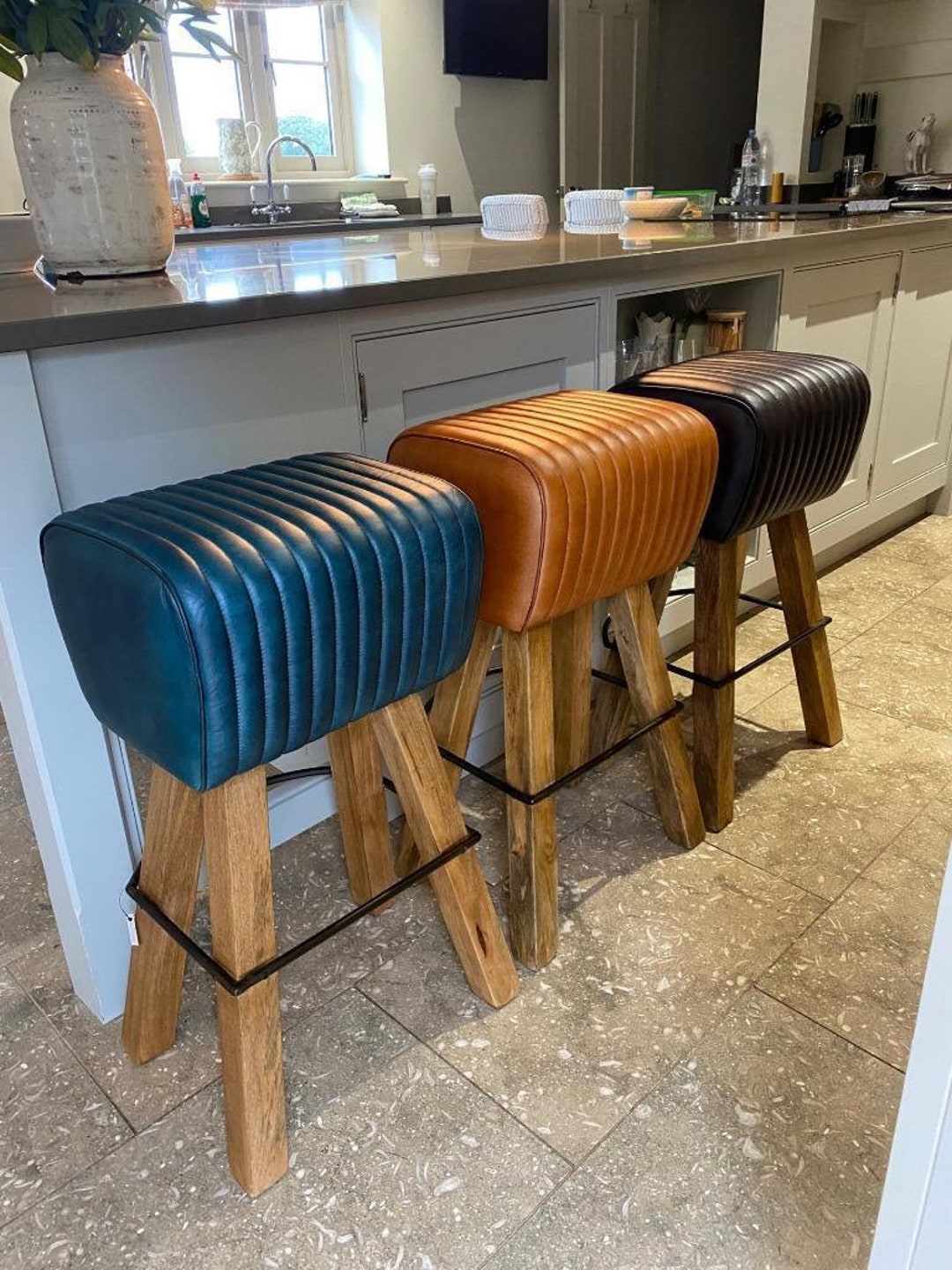 Leather Breakfast Bar Kitchen Counter Stool - Wood Legs Pommel Horse ...