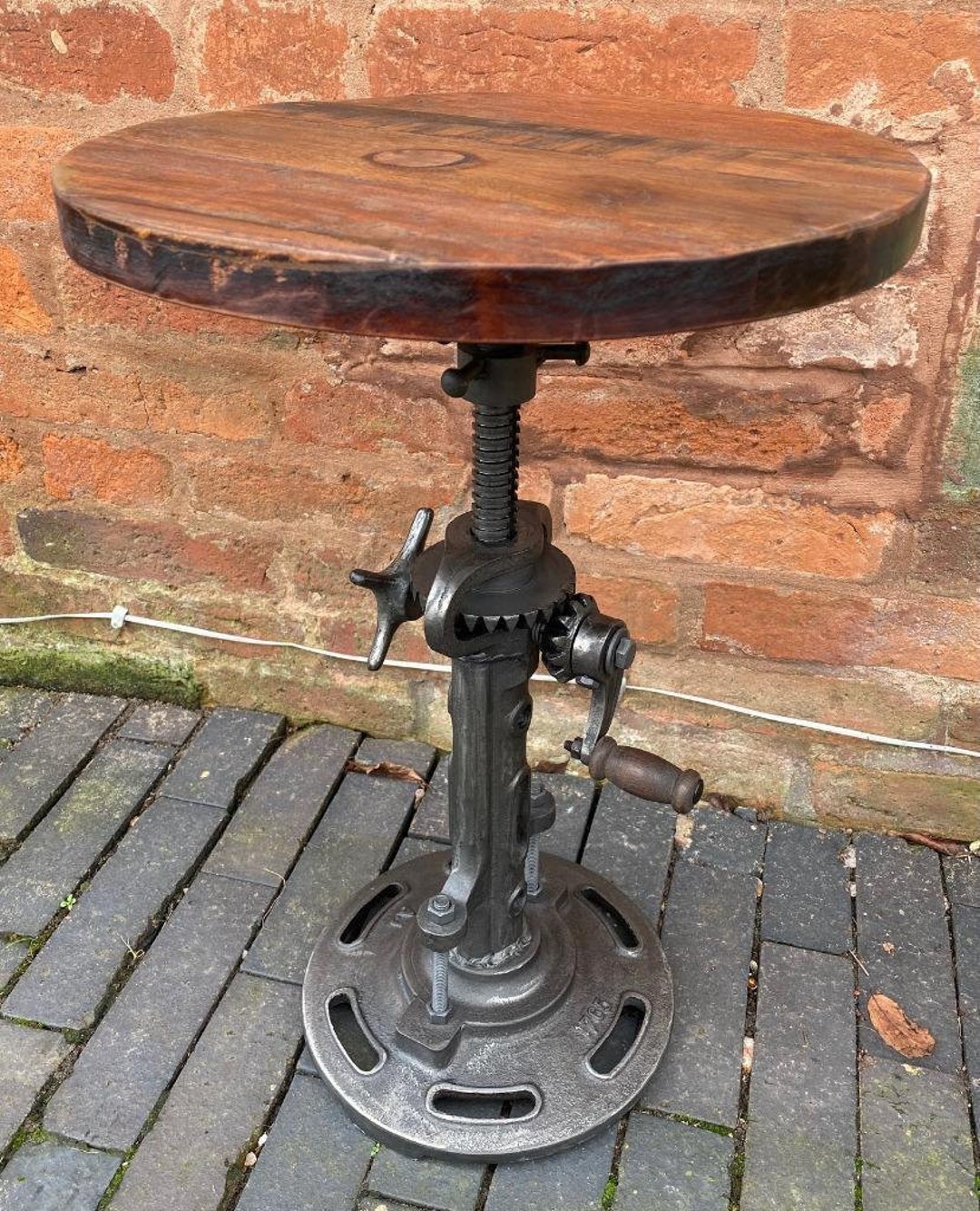 Industrial Style Iron Side Table Moving Gears Adjustable Height Wood ...