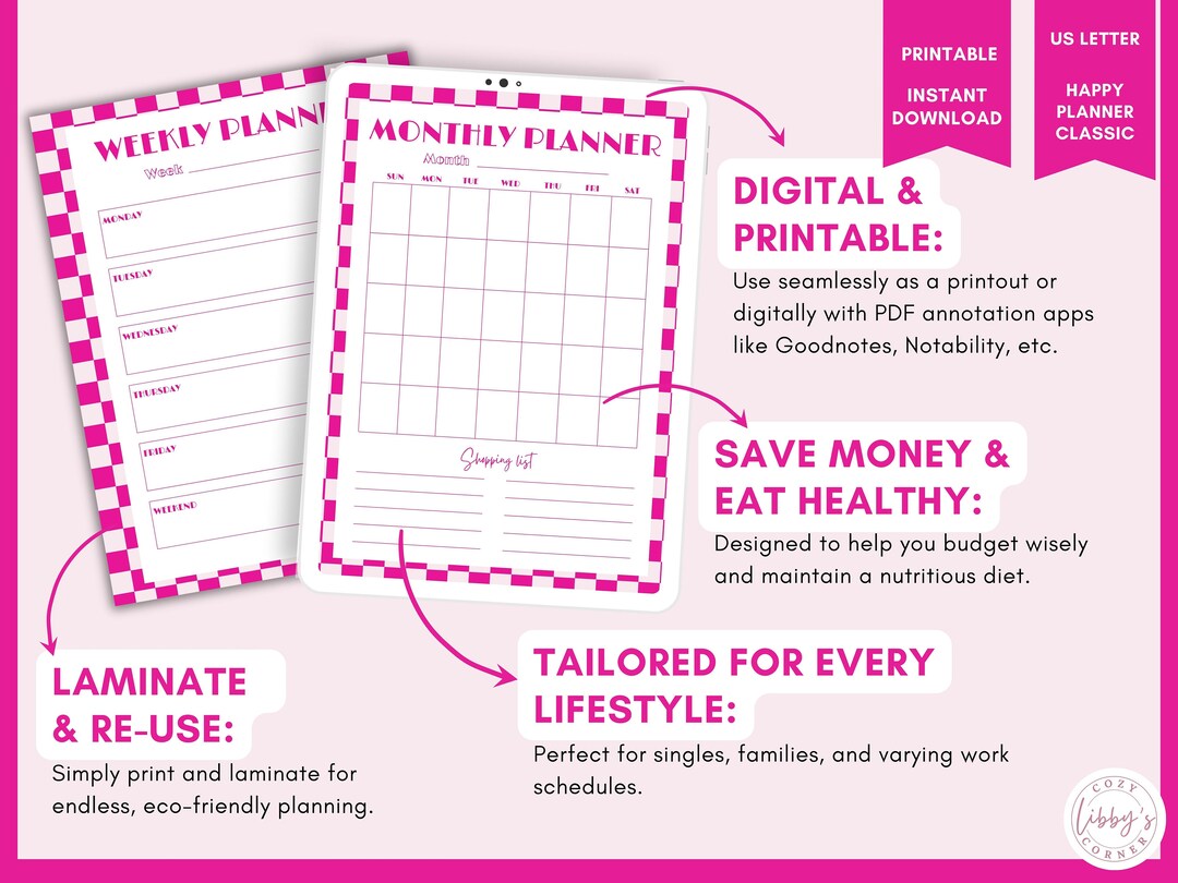 DIGITAL Meal PLANNER BONUS Pink Retro Vibes Weekly/monthly Planner ...