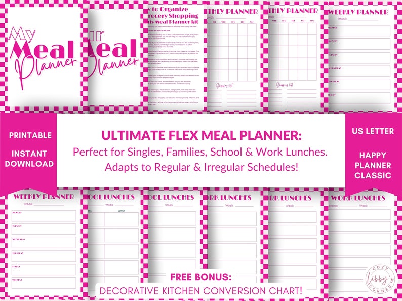 PINK MEAL Planner, Grocery List, School Lunch Planner, Meal Prep, Food ...