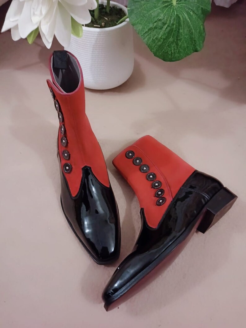 Black Patent Dress Boots for Men Red Suede Button Strap Boots Leather ...
