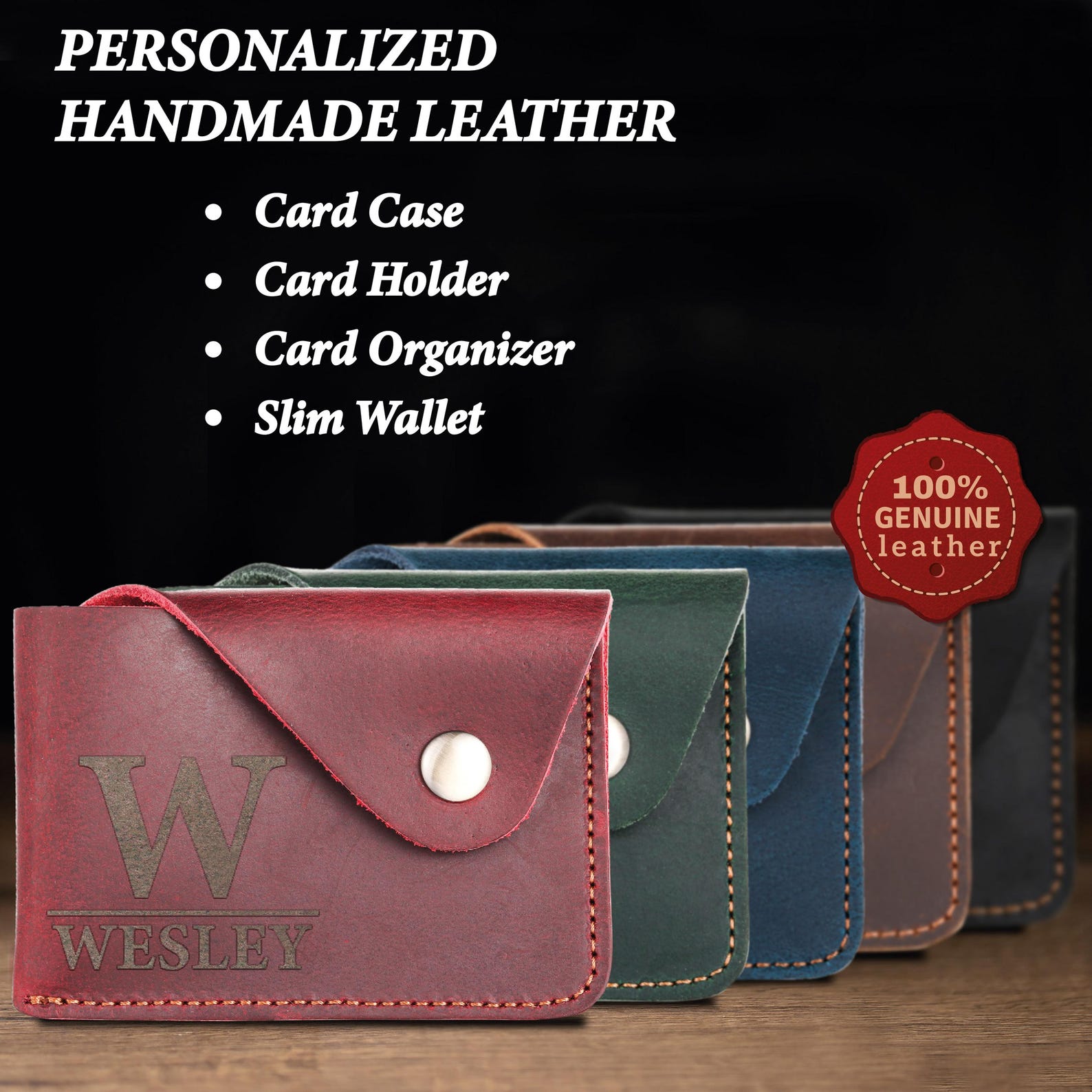 Engraved Leather Card Case With Monogram, Personalized Leather Business ...