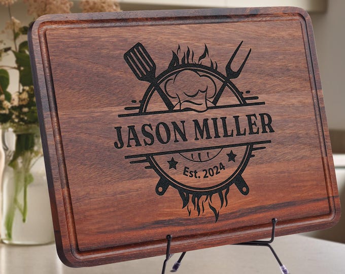 The Grill Father Designed Cutting Board, Custom Name Engraved Gift for ...