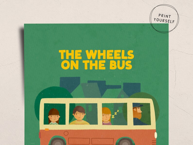 The Wheels on the Bus, Nursery Rhyme, Music, Printable Wall Art, Red ...