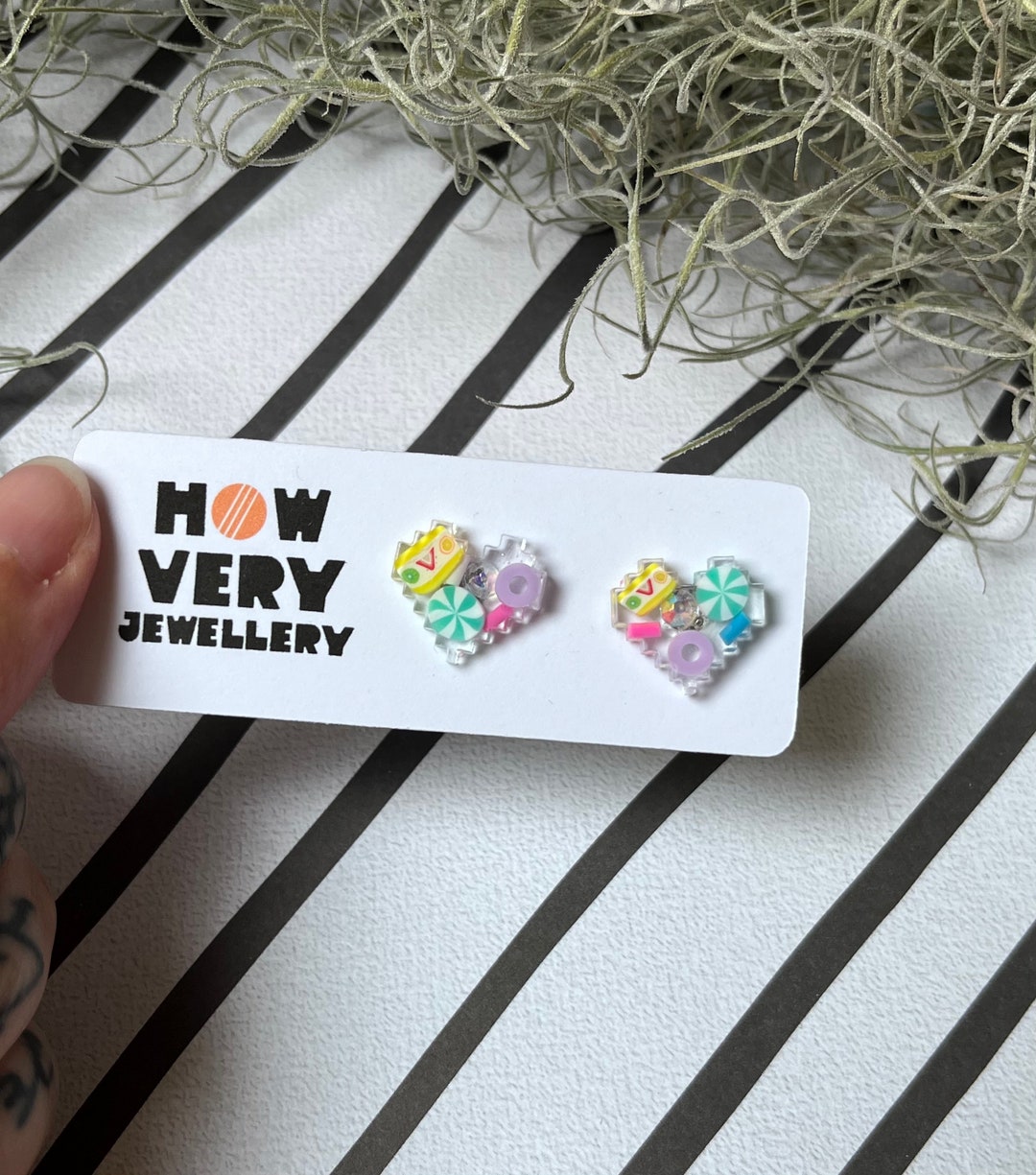 Handmade Kawaii Pixel Heart Stud Earrings: Candy 'junk' Filled Resin ...