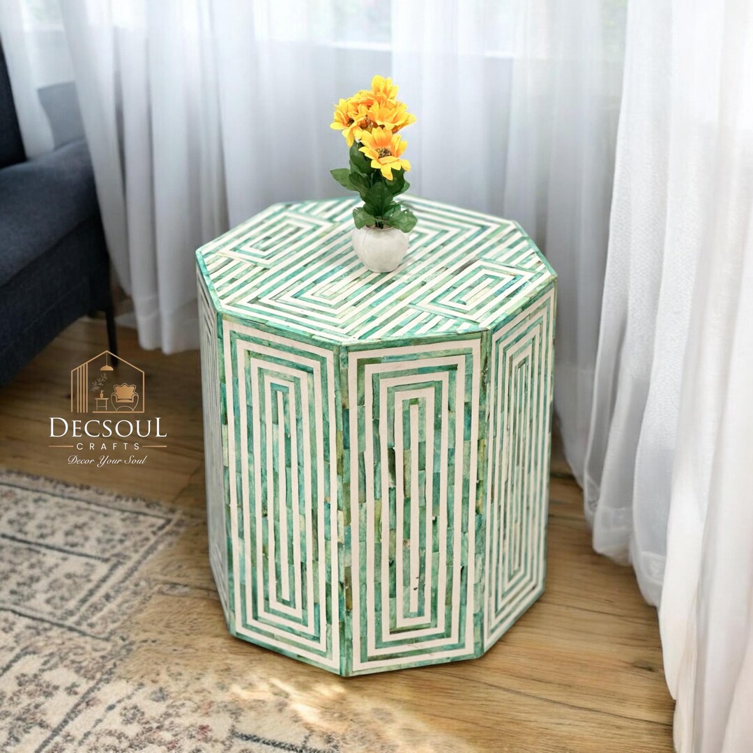 Bone Inlay End Table –stripes Design Handmade Accent Table-boho ...