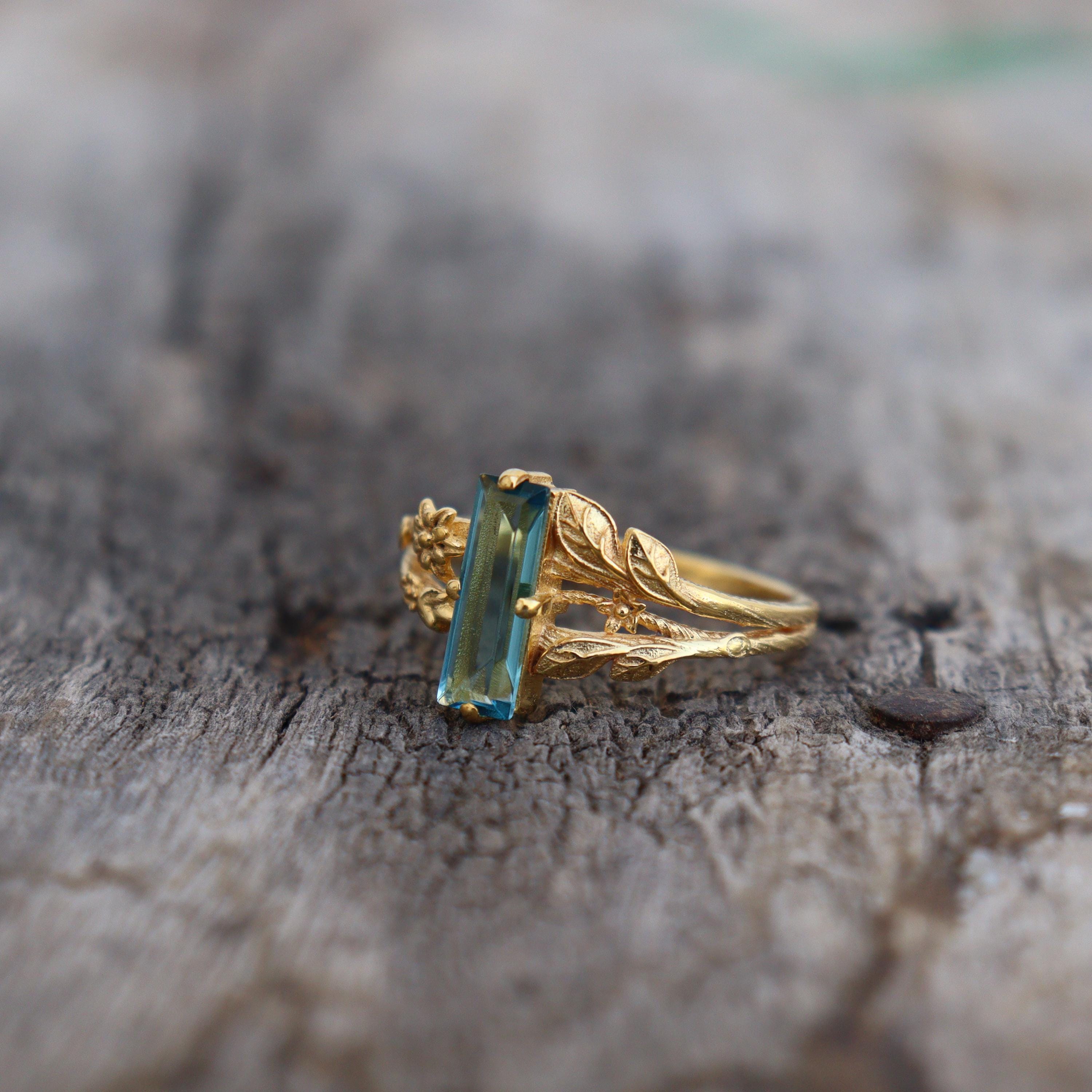 Nature Blue Apatite Ring, 925 Sterling Silver Ring, Leaf and Flower Bar ...