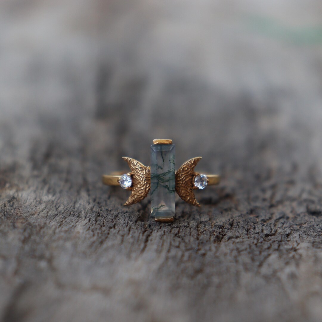 Genuine Moss Agate Ring- Long Bar Cut Moss Agate Ring-gold-silver ...