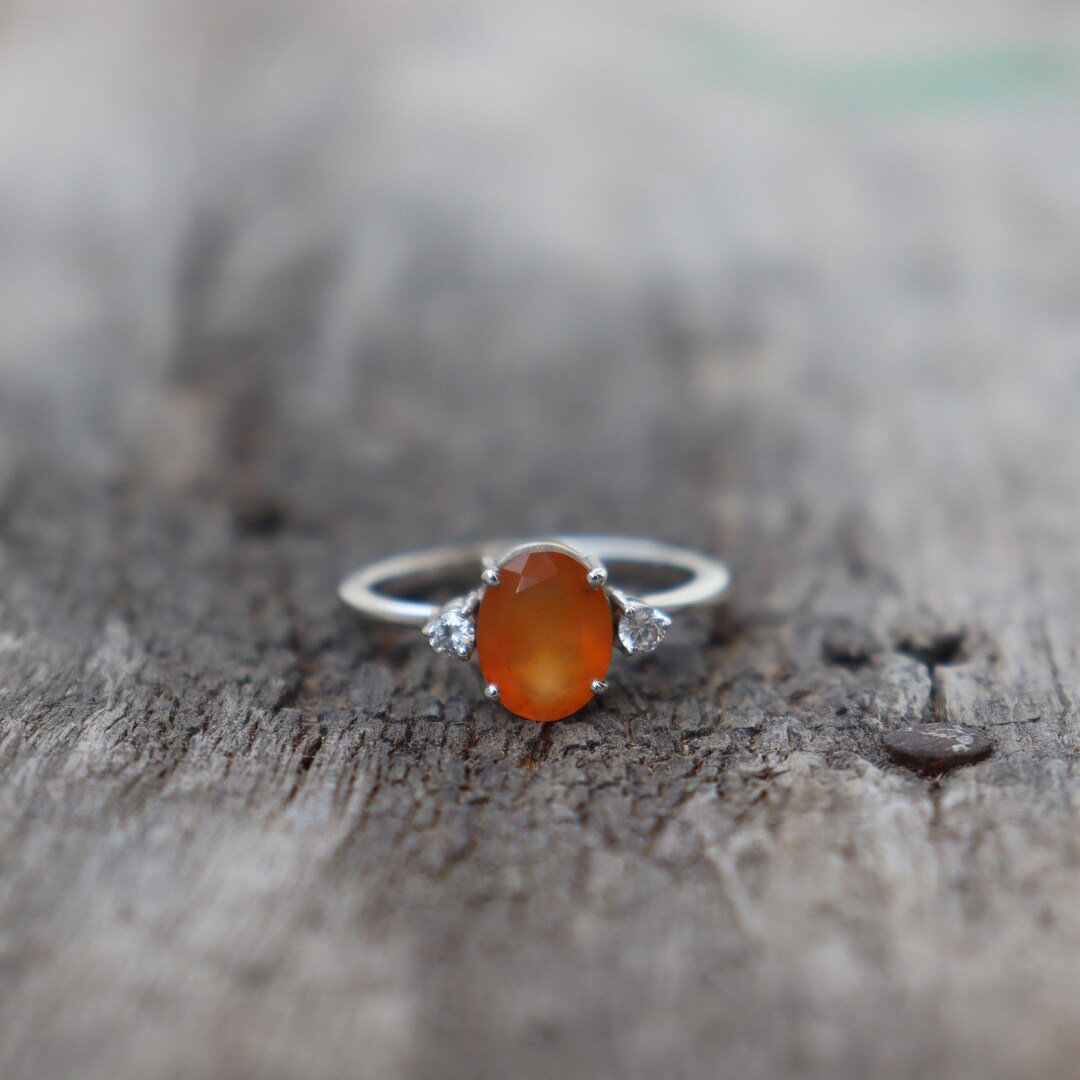 Natural Carnelian Gemstone Ring ~ CZ Carnelian Dainty Women's Ring ...