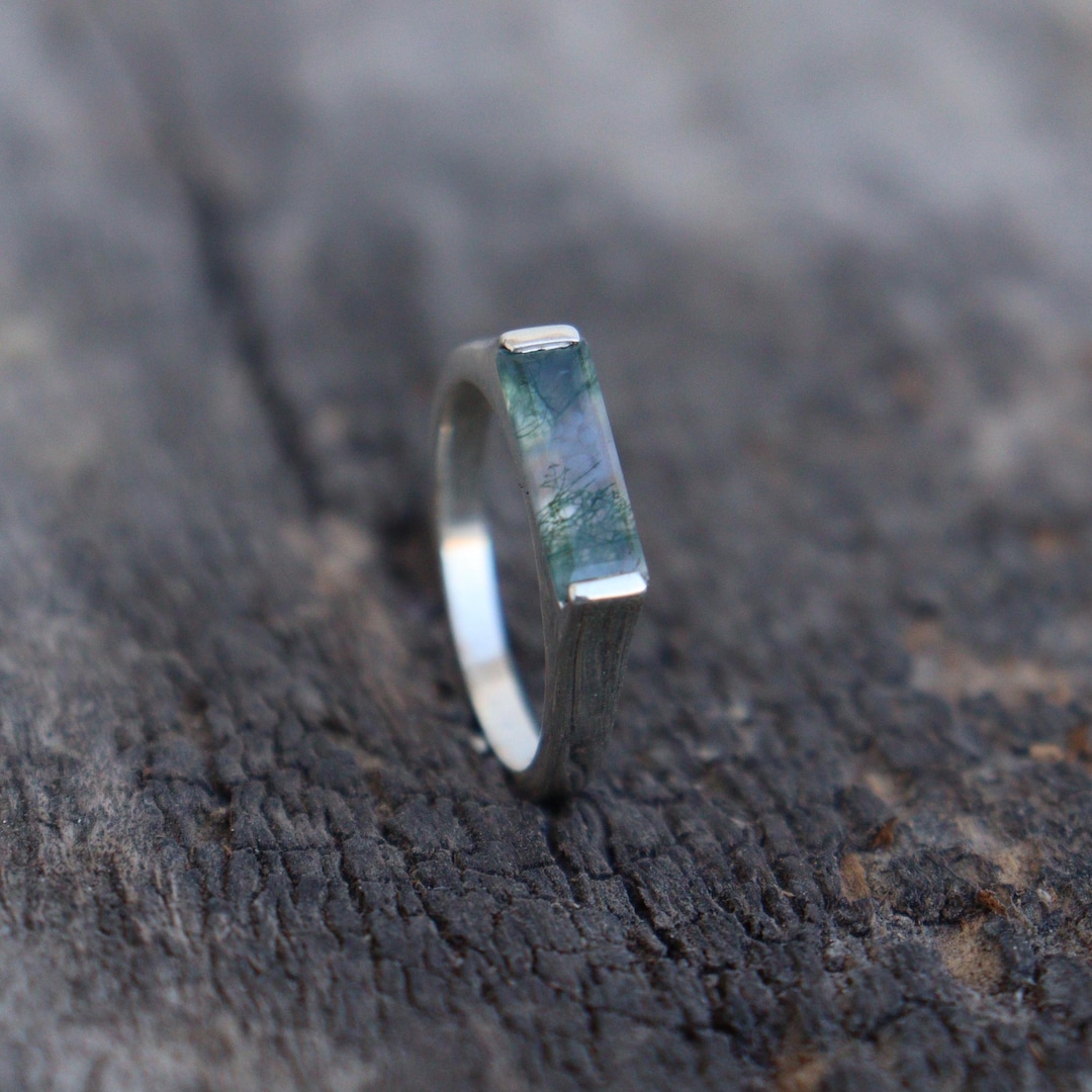 Natural Moss Agate Bar Ring, Rectangle Bar Ring, 925 Silver Ring, Engagement Ring, Dainty ...