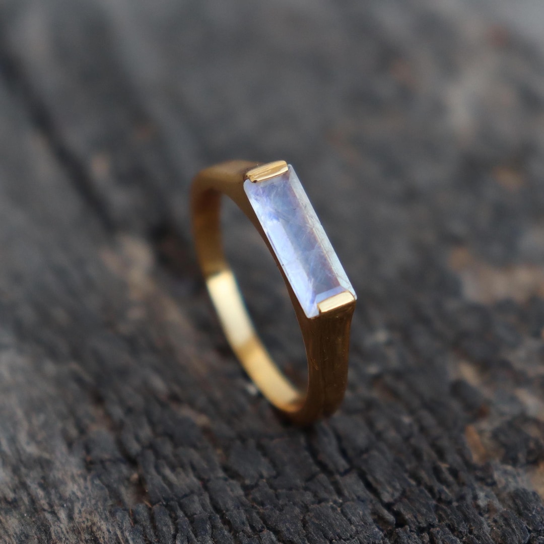 Natural Moonstone Rectangle Bar Ring, 18K Gold Filled 925 Sterling Silver Ring, Handmade Ring ...