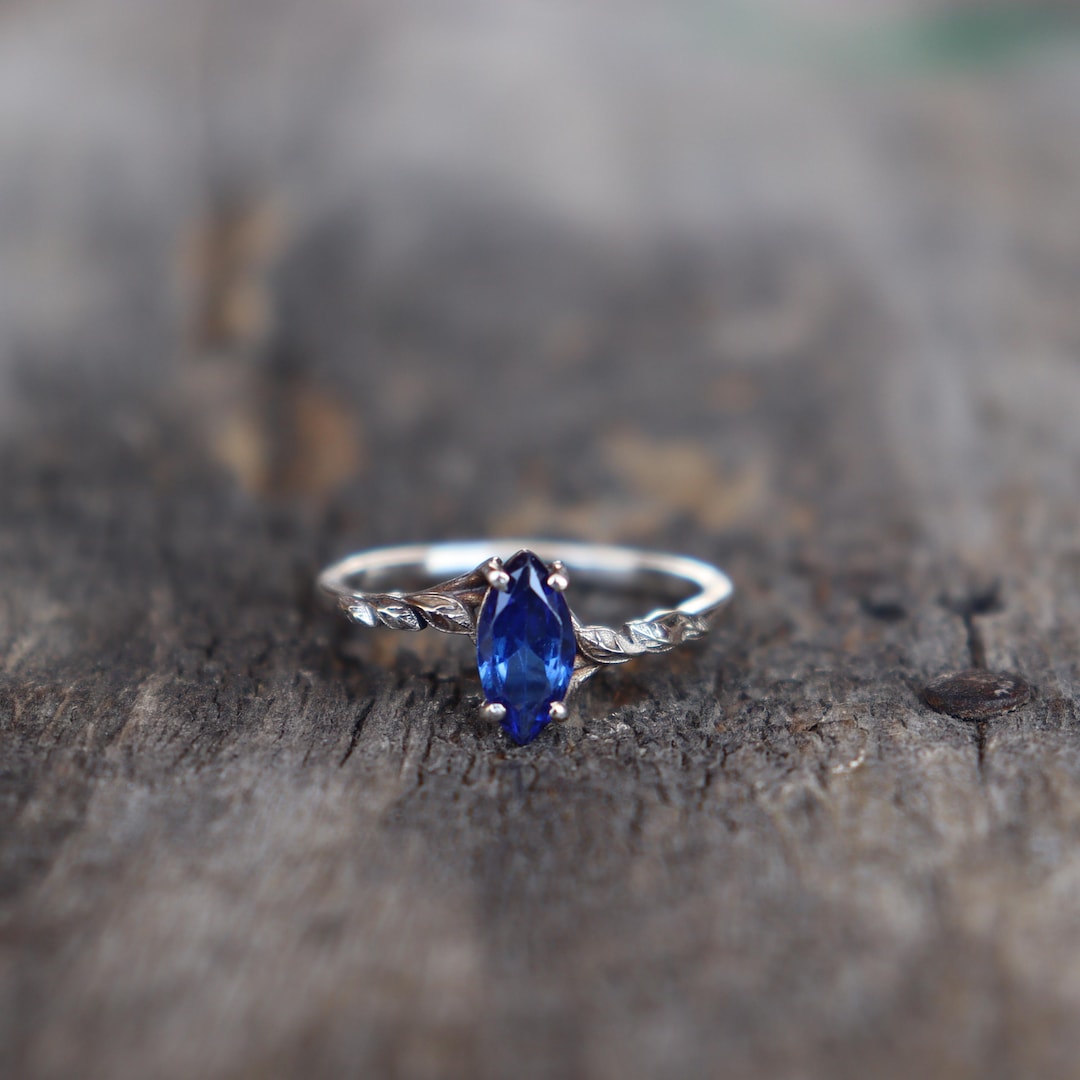 Nature Inspired Leaves Marquise Cut Blue Sapphire Tree Branch Ring, 925 ...