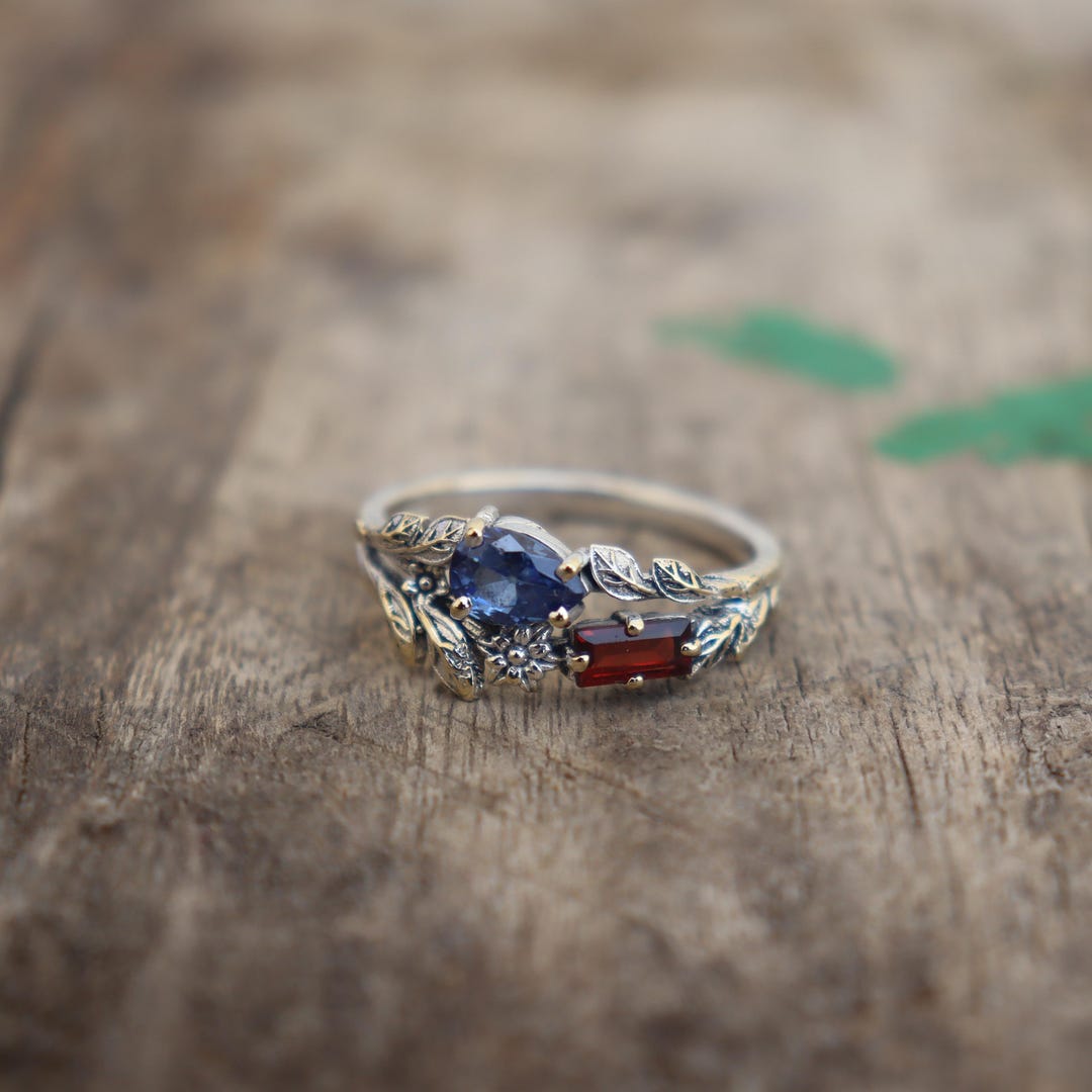 Garnet & Blue Sapphire Drop Ring Silver Tree Branch Floral Ring, 925 ...