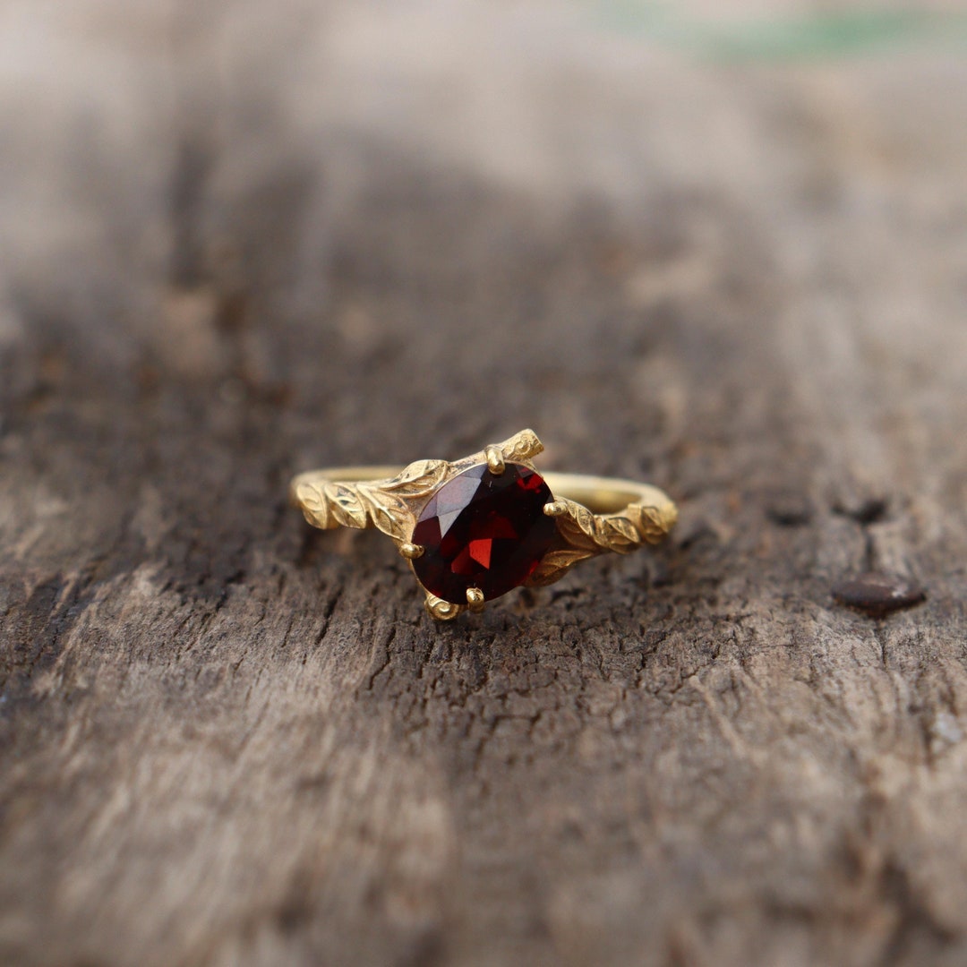 Natural Garnet Ring Silver Leaf Ring, Simple Handmade Natur Inspired ...