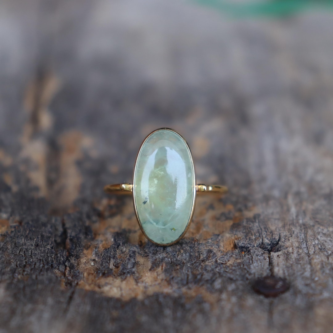 Long Gold Prehnite Ring 14k Gold Plated Rings, Aqua Green Prehnite Gold ...