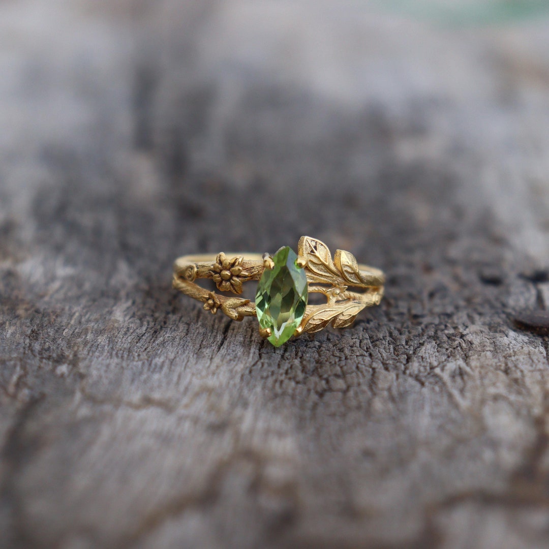 Natural Peridot Leaves Flower Ring, 925 Sterling Silver Ring, Handmade Unique Design Ring ...