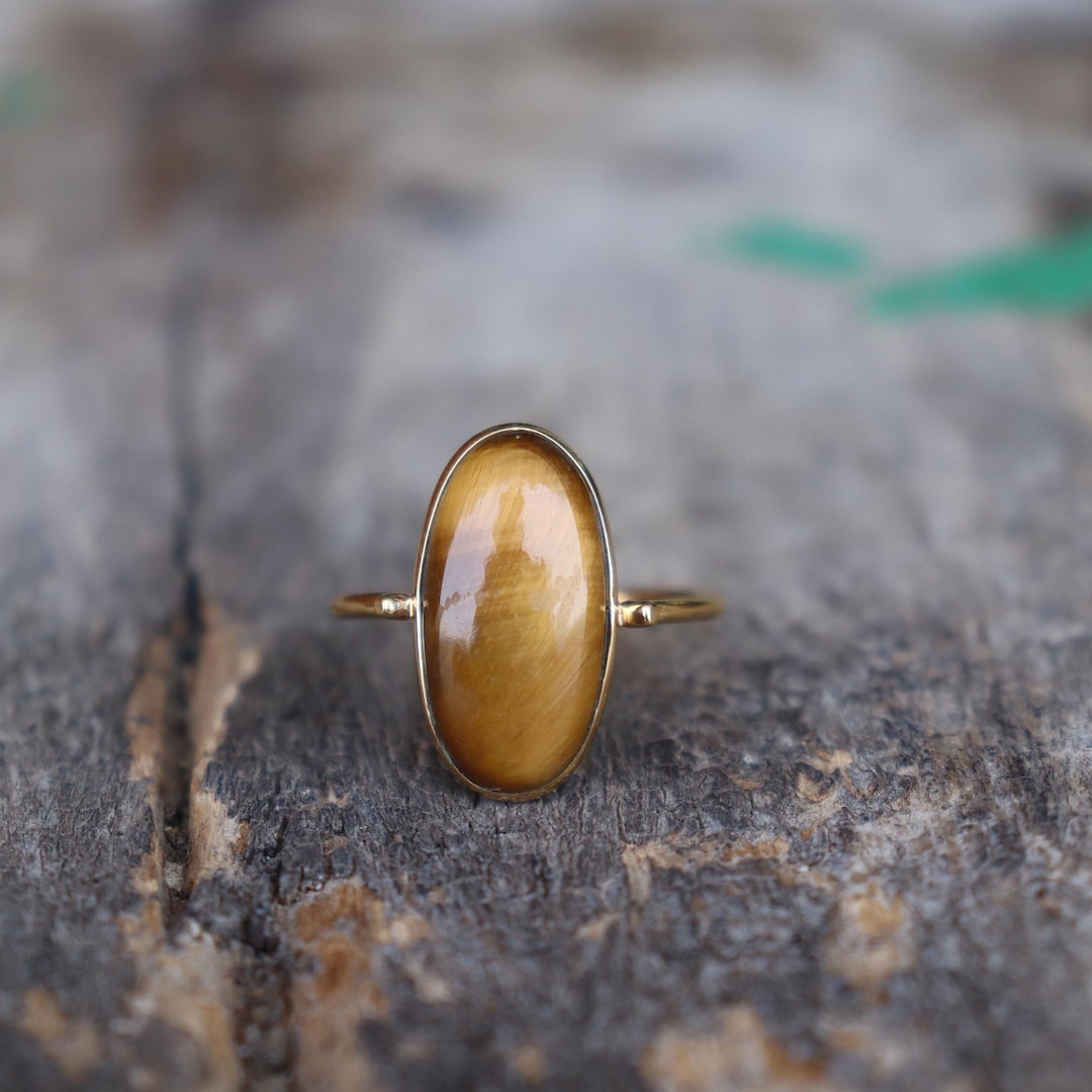 Long Gold Tiger Eye Ring 14k Gold Plated Rings, Tiger's Eye Gold Ring ...