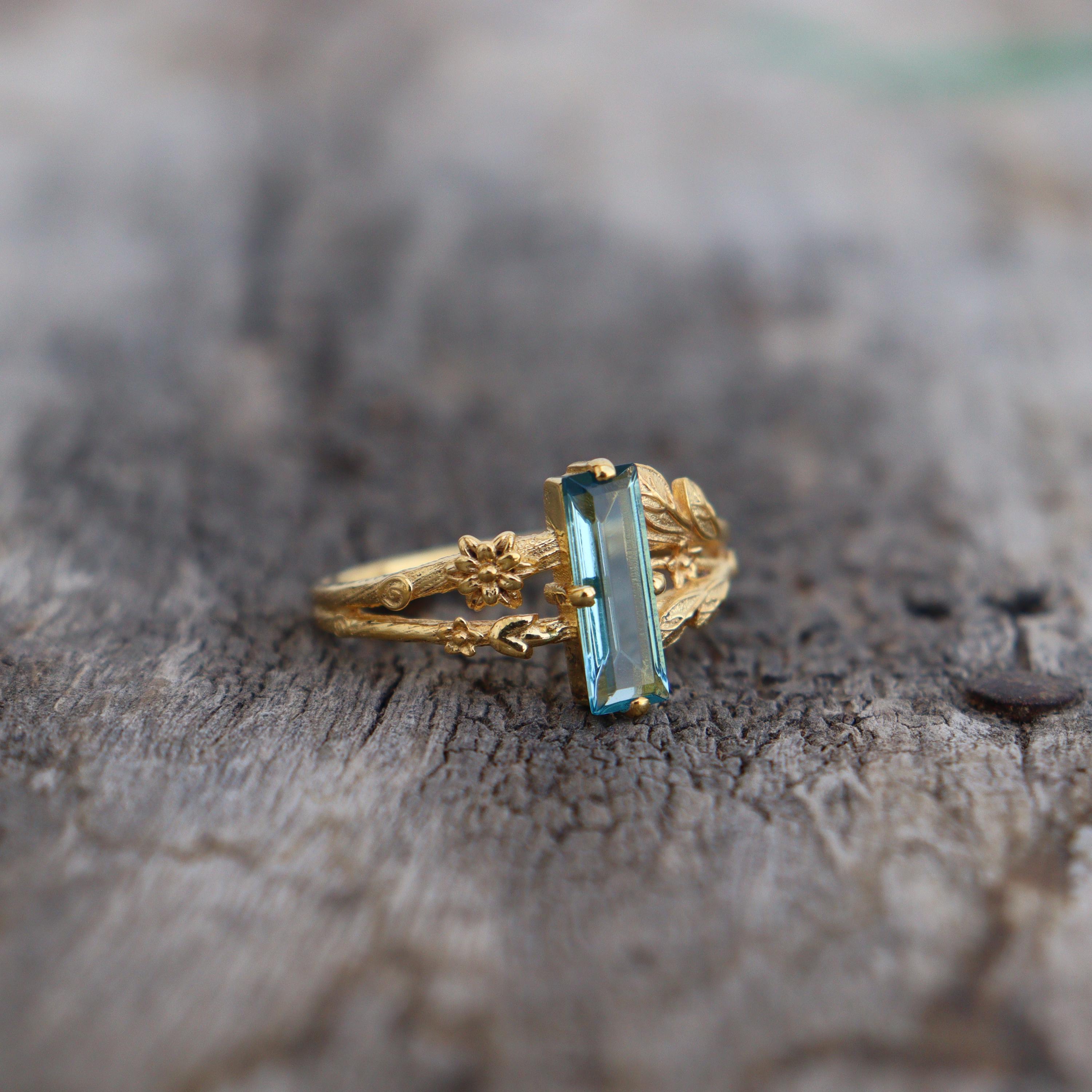 Nature Blue Apatite Ring, 925 Sterling Silver Ring, Leaf and Flower Bar ...