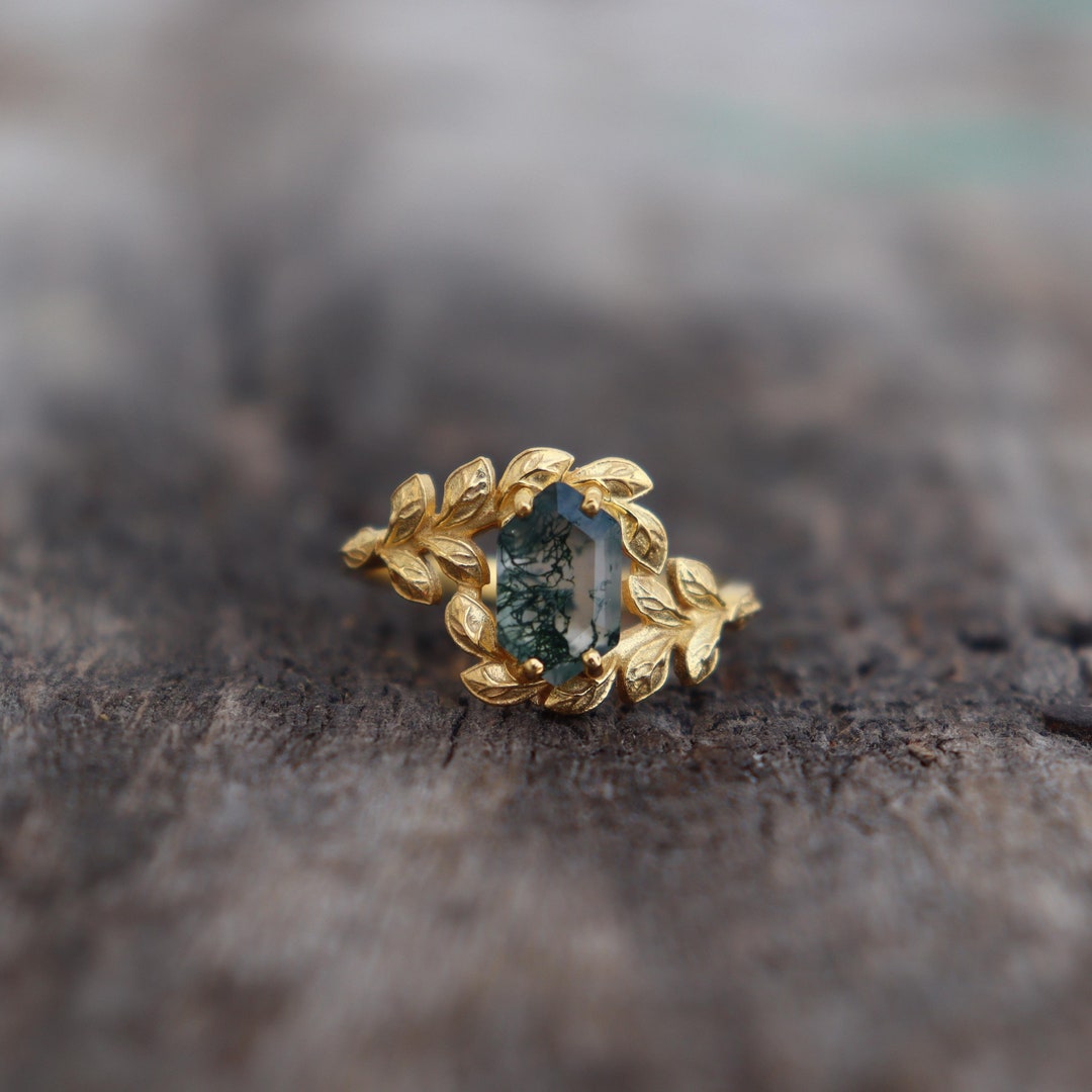 Natural Hexagon Moss Agate Cut Leaves Ring, May Birthstone Tree Leaf ...
