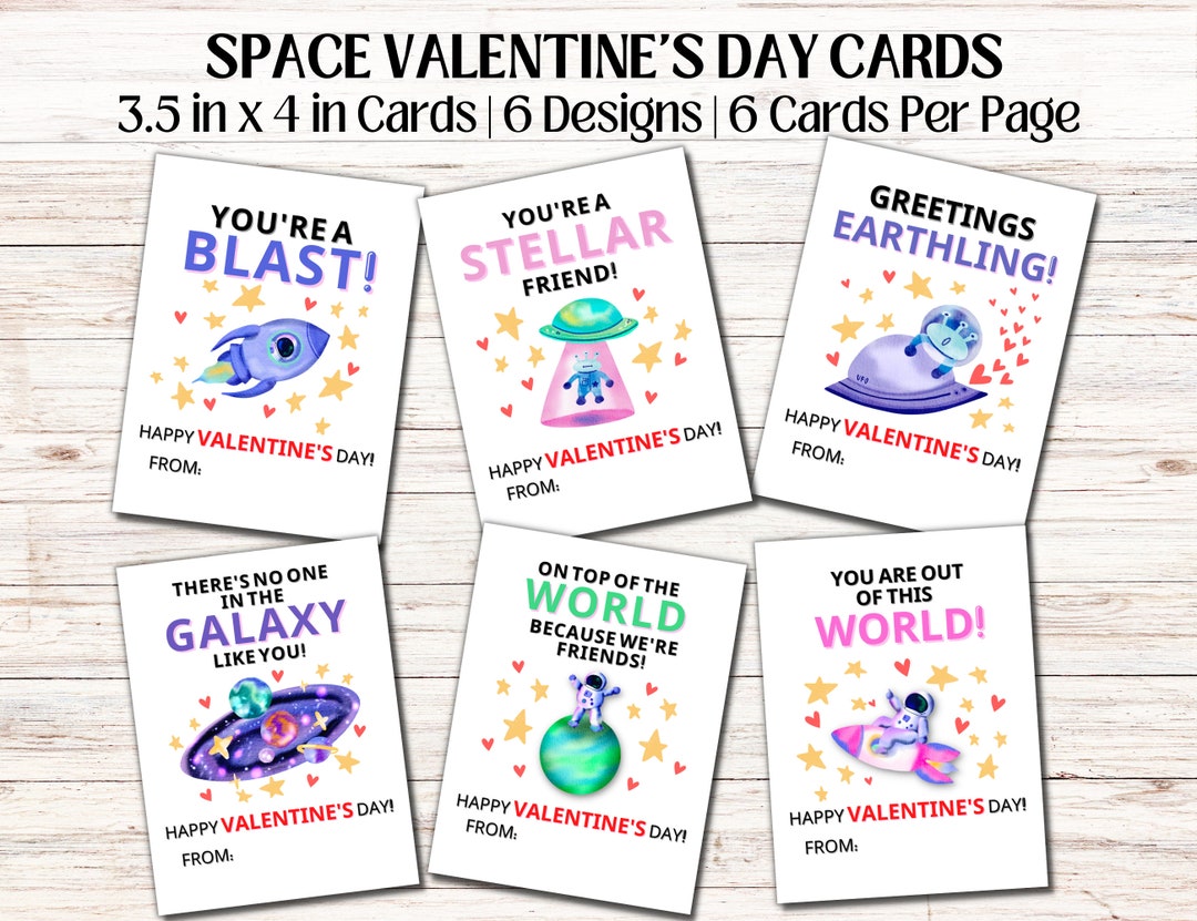 Space Valentine's Card for Kids Outer Space Theme Valentine's Day Tags ...