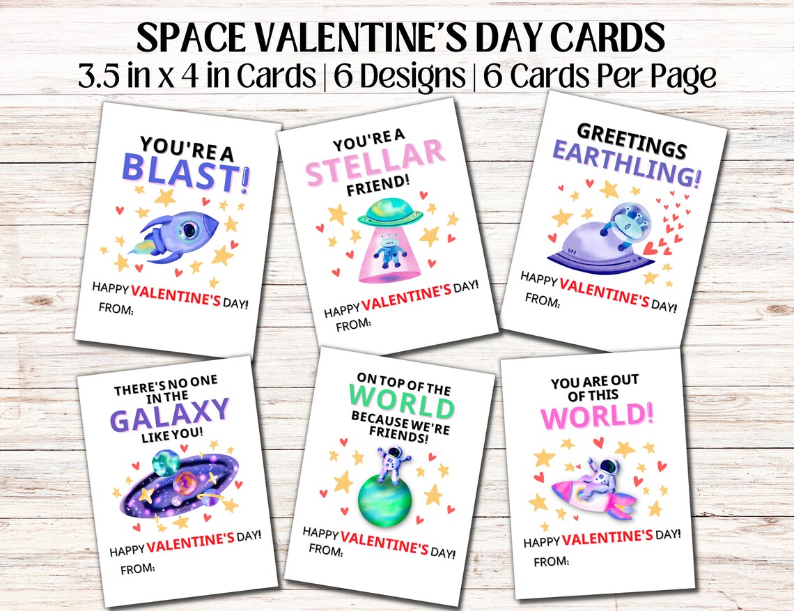 Space Valentine's Card for Kids Outer Space Theme Valentine's Day Tags ...