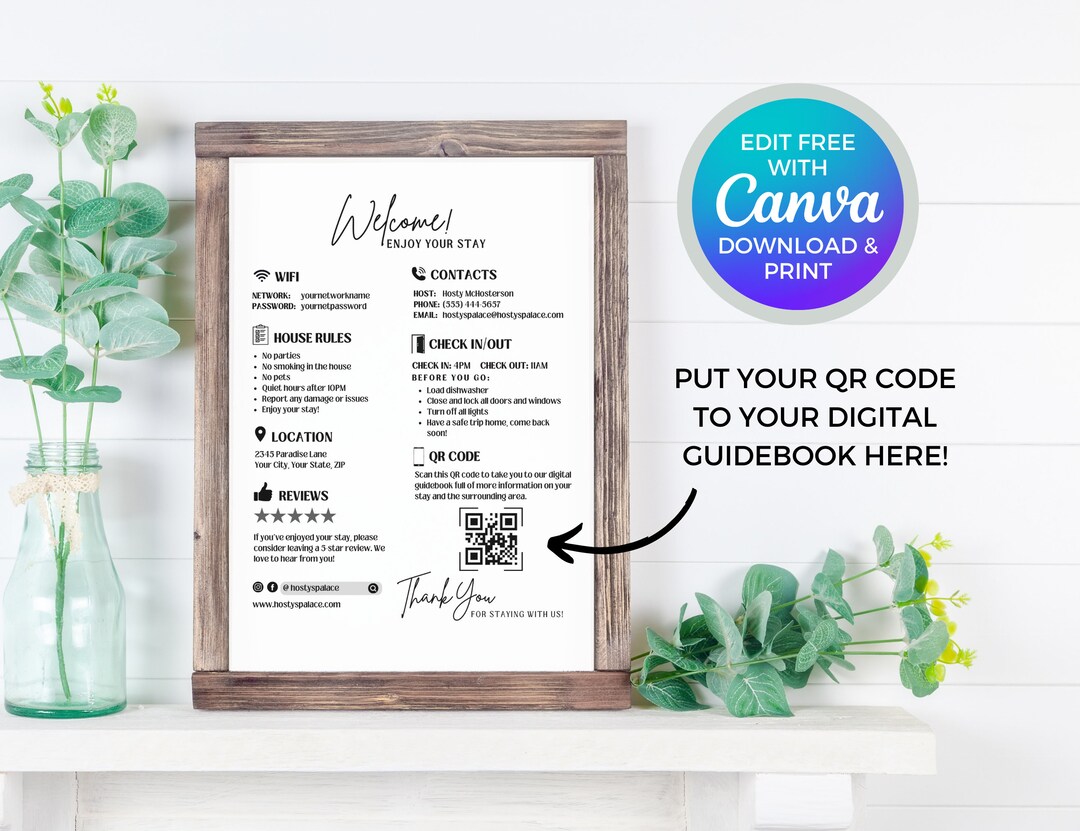 Airbnb Welcome Sign With QR Code Vacation Rental Editable Canva ...