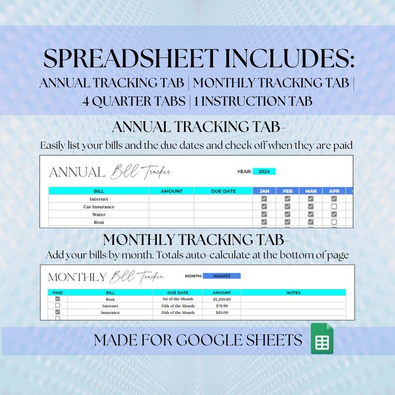 Bill Tracker Payment Organizer, Google Sheets Bill Tracker, Payment ...