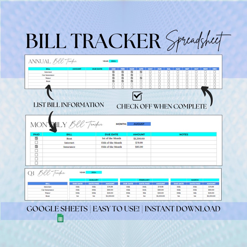 Bill Tracker Payment Organizer, Google Sheets Bill Tracker, Payment ...