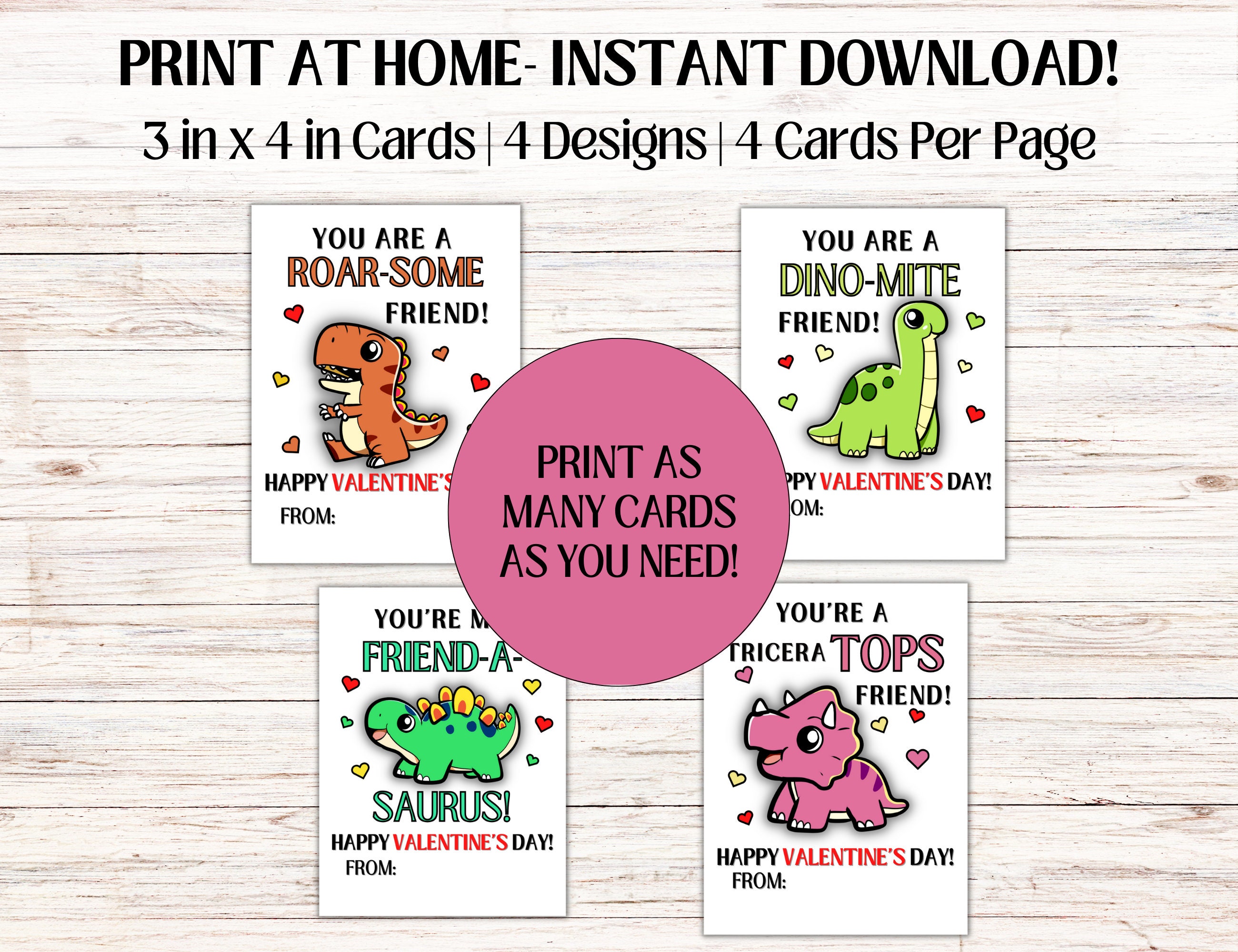 Dinosaur Valentine Printable for Kids Valentine's Dinosaur Cards Set ...