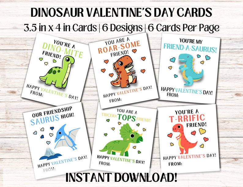 Dinosaur Valentine Printable for Kids | Valentine's Cards Set ...