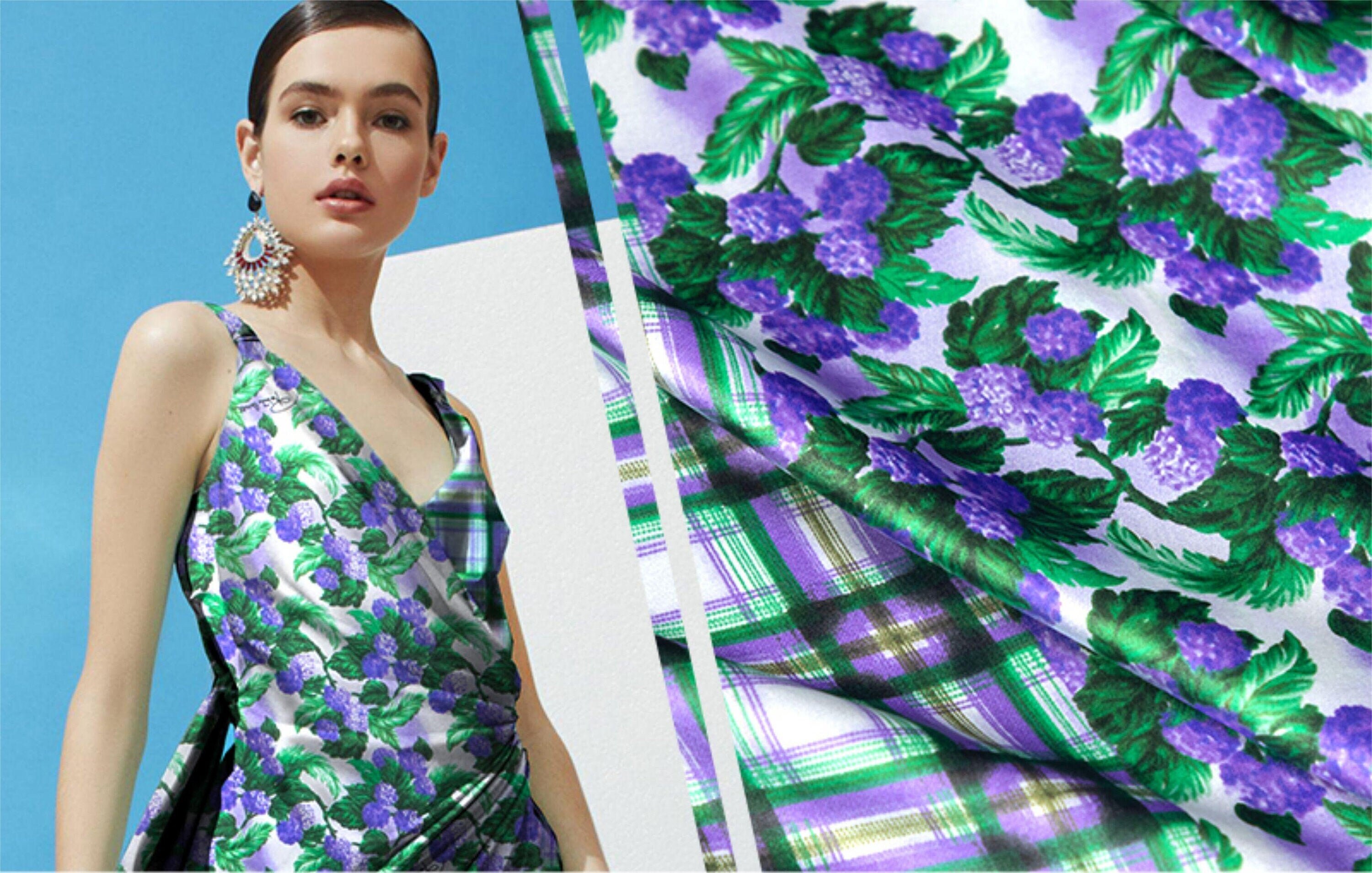 Designer Silk Fabric With Tiny Floral Plaid Print Premium Silk Crepe De ...