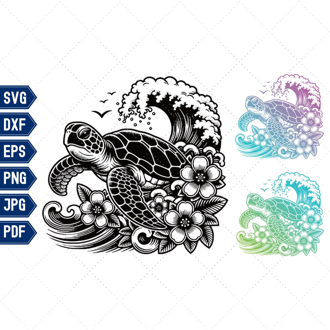 Hawaiian Sea Turtle Svg, Turtle With Wave and Flowers, Svg Cut Files ...