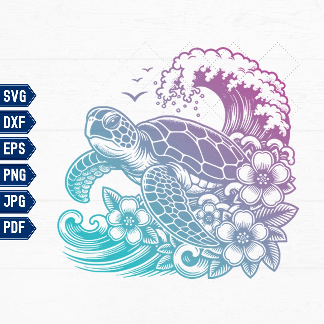 Hawaiian Sea Turtle Svg, Turtle With Wave and Flowers, Svg Cut Files ...