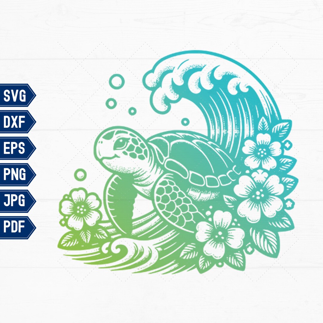 Sea Turtle SVG With Wave and Flowers, Hawaiian Sea Turtle, Svg Cut ...