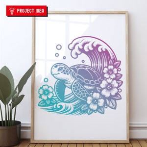 Sea Turtle SVG With Wave and Flowers, Hawaiian Sea Turtle, Svg Cut ...