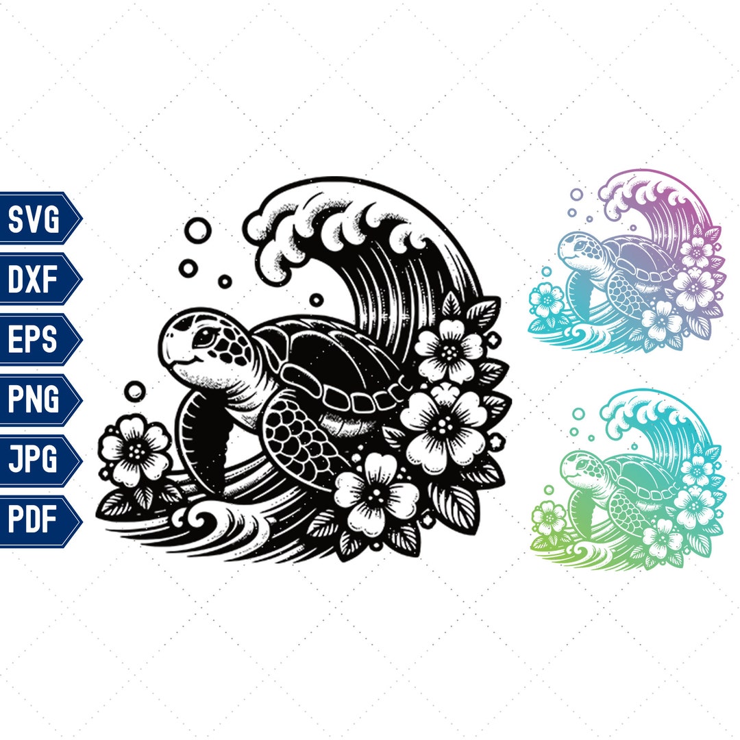 Sea Turtle SVG With Wave and Flowers, Hawaiian Sea Turtle, Svg Cut ...