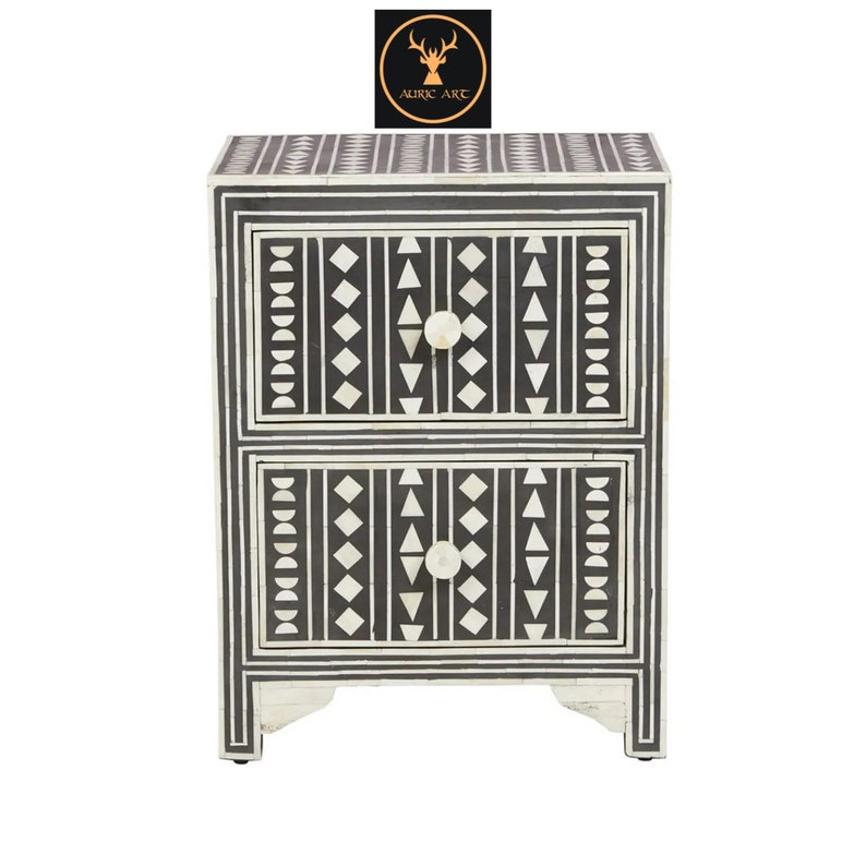 Bone Inlay Black & White Geometric Pattern Bedside and Nightstand With ...