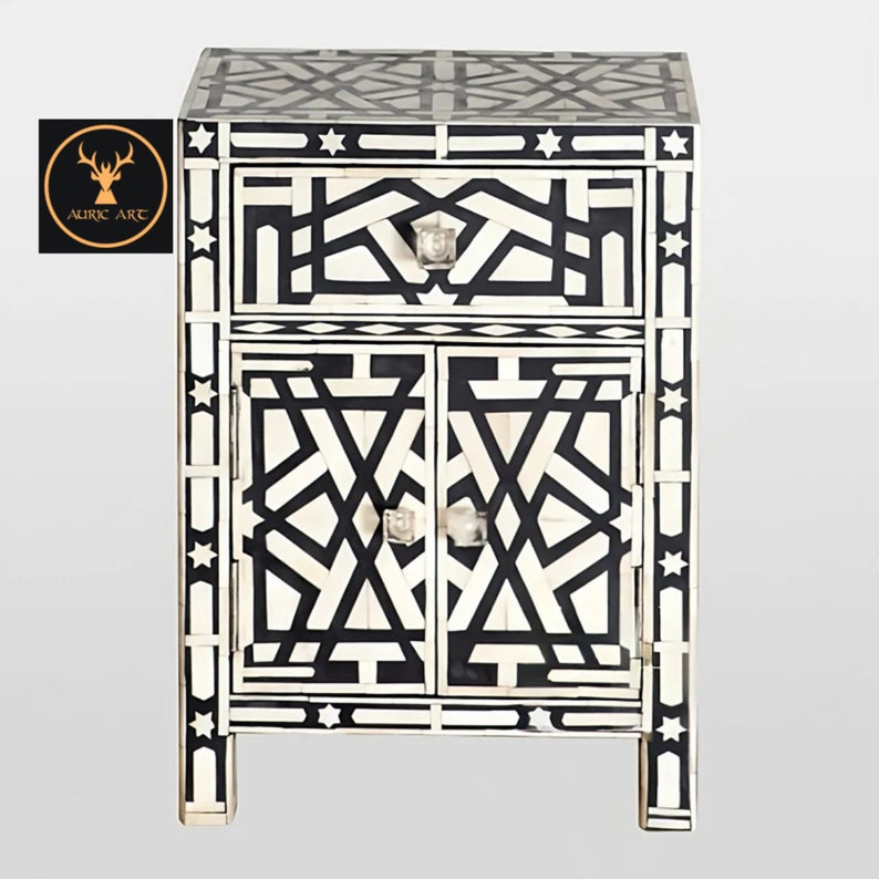 Bone Inlay Black Geometric Pattern Bedside and Nightstand Table - Etsy
