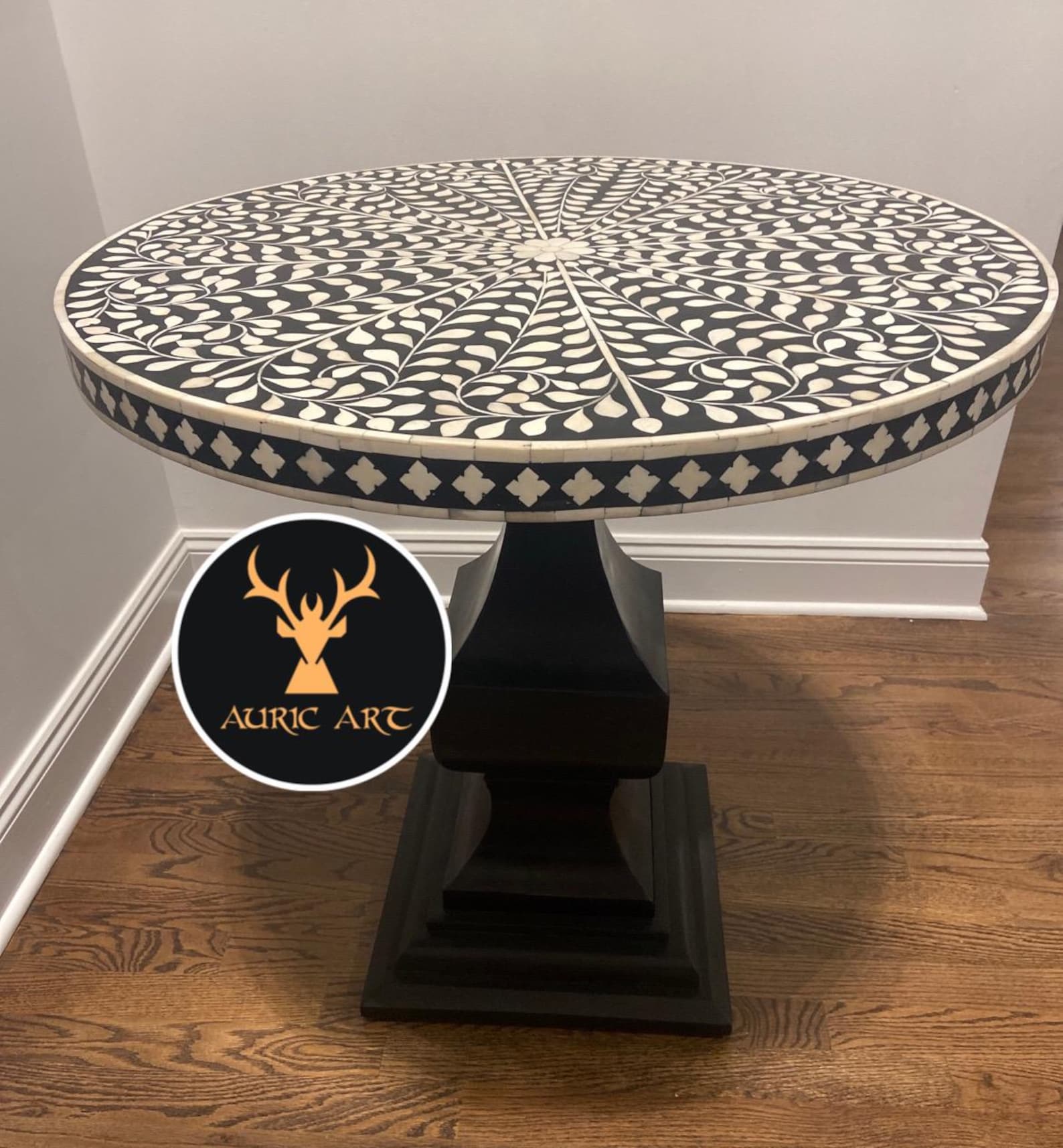 Luxury Black Bone Inlay Round Dining Table – Handcrafted Floral Design ...